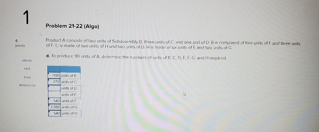 Solved Product A consists of two units of Subassembly B, | Chegg.com