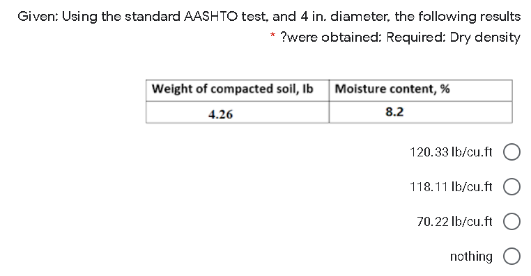 Solved Given: Using the standard AASHTO test, and 4 in. | Chegg.com