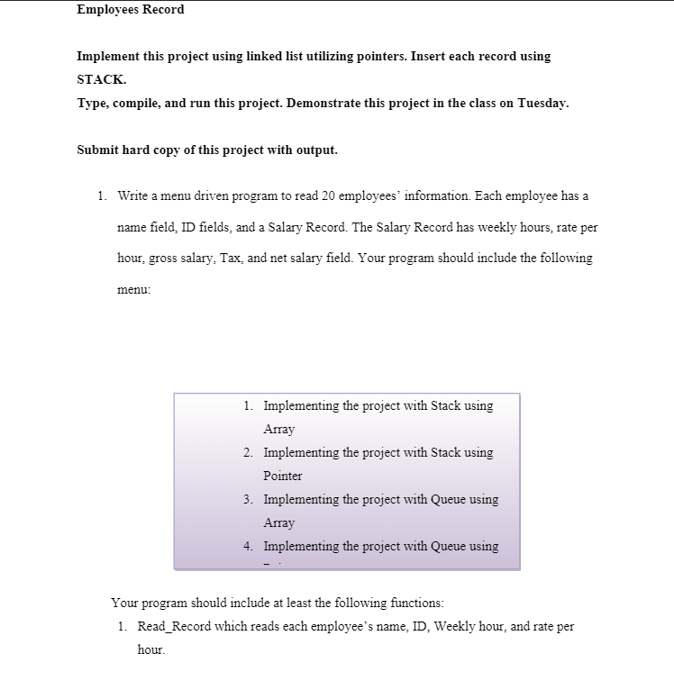 Solved Employees Record Implement this project using linked | Chegg.com