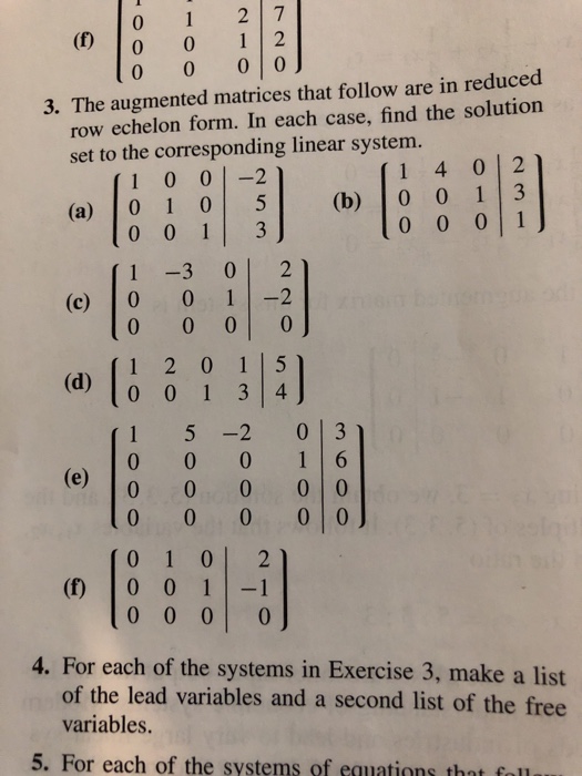 Solved 01 2 7 0 0 1 2 3. The augmented matrices that follow | Chegg.com