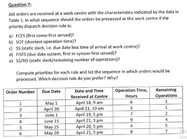 Solved Question 7: Job orders are received at a work centre | Chegg.com