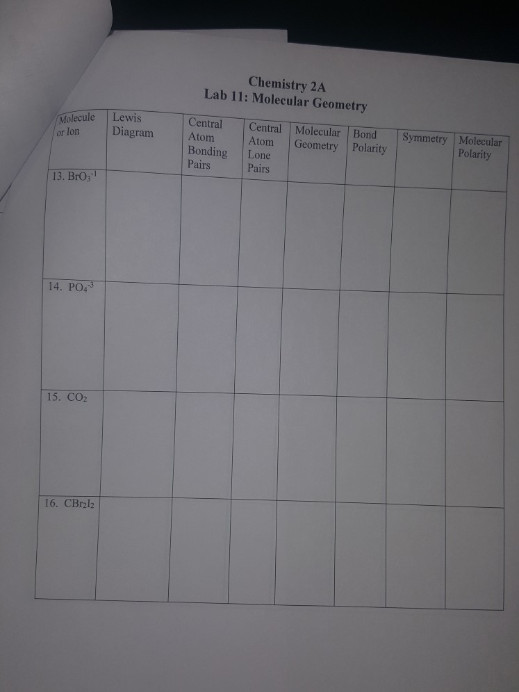 Solved Chemistry 2A Lab 11: Molecular Geometry Section | Chegg.com