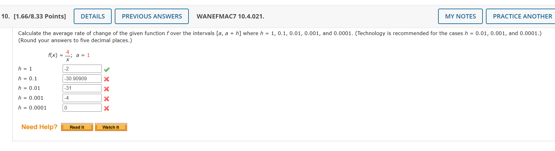 Solved 10. (1.66/8.33 Points] DETAILS PREVIOUS ANSWERS | Chegg.com