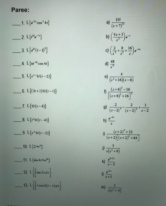 Solved Match each equation using the Inverse Laplace | Chegg.com