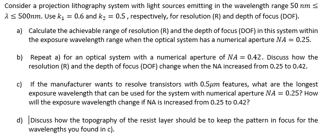 Solved Consider a projection lithography system with light | Chegg.com