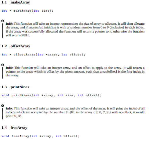 Solved 1.1 makeArray int ∗ makeArray(int size); (Info: This | Chegg.com