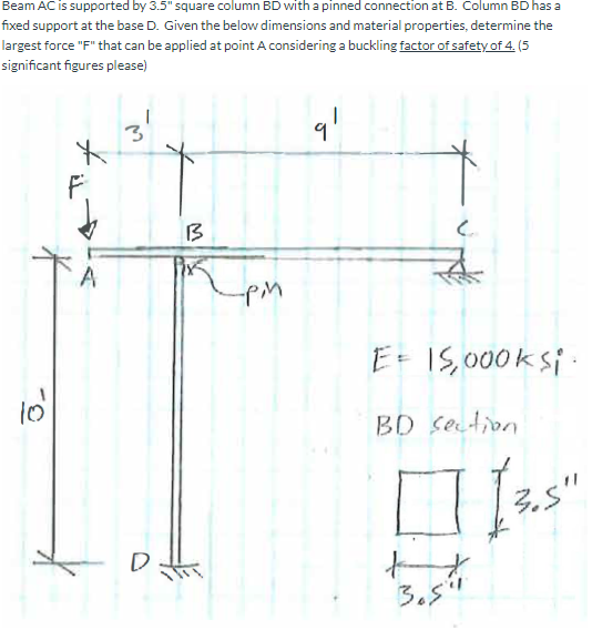 Solved Beam AC is supported by 3.5" square column BD with a | Chegg.com