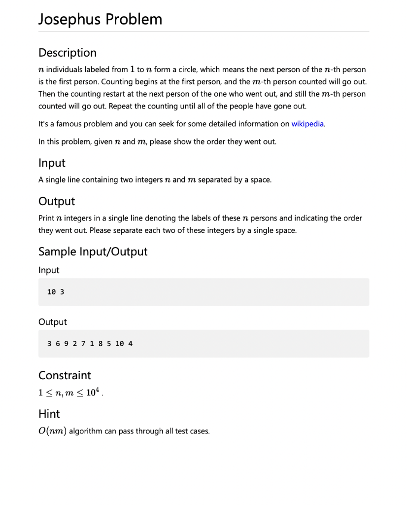 Solved Josephus Problem Description n individuals labeled | Chegg.com