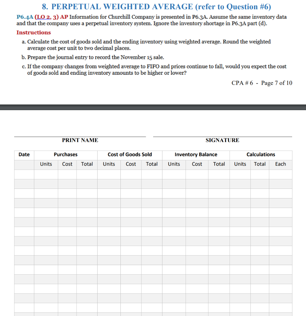 Solved 8. PERPETUAL WEIGHTED AVERAGE (refer to Question #6) | Chegg.com