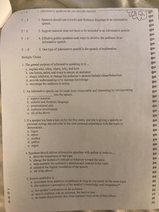 Solved Intormative speeches do not include opinion. T F 2. | Chegg.com