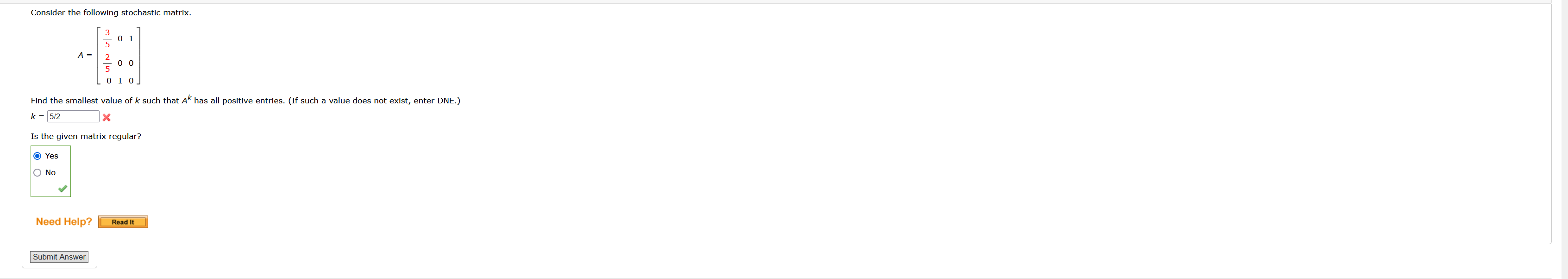 Solved Consider the following stochastic matrix. | Chegg.com