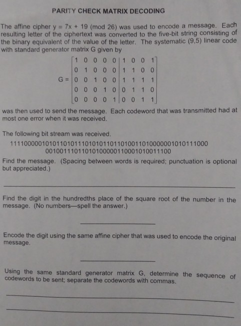 Solved PARITY CHECK MATRIX DECODING The affine cipher y 7x+ | Chegg.com