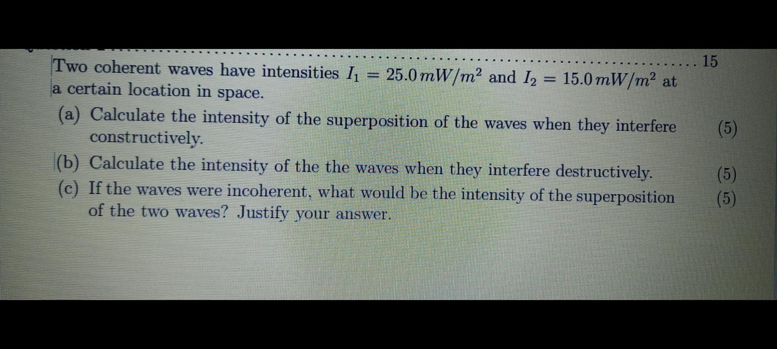Solved 15 (5) Two coherent waves have intensities I1 = | Chegg.com