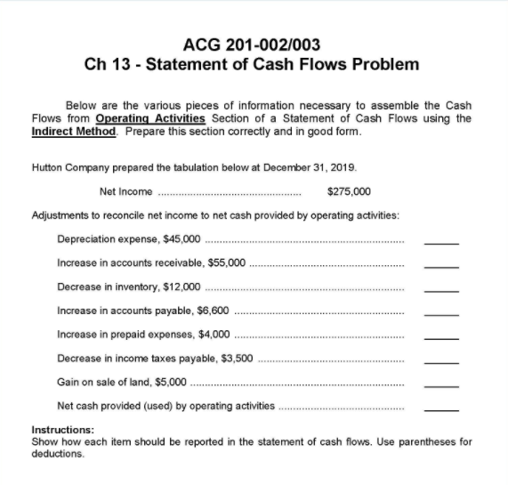 Solved ACG 201-002/003 Ch 13 - Statement of Cash Flows | Chegg.com