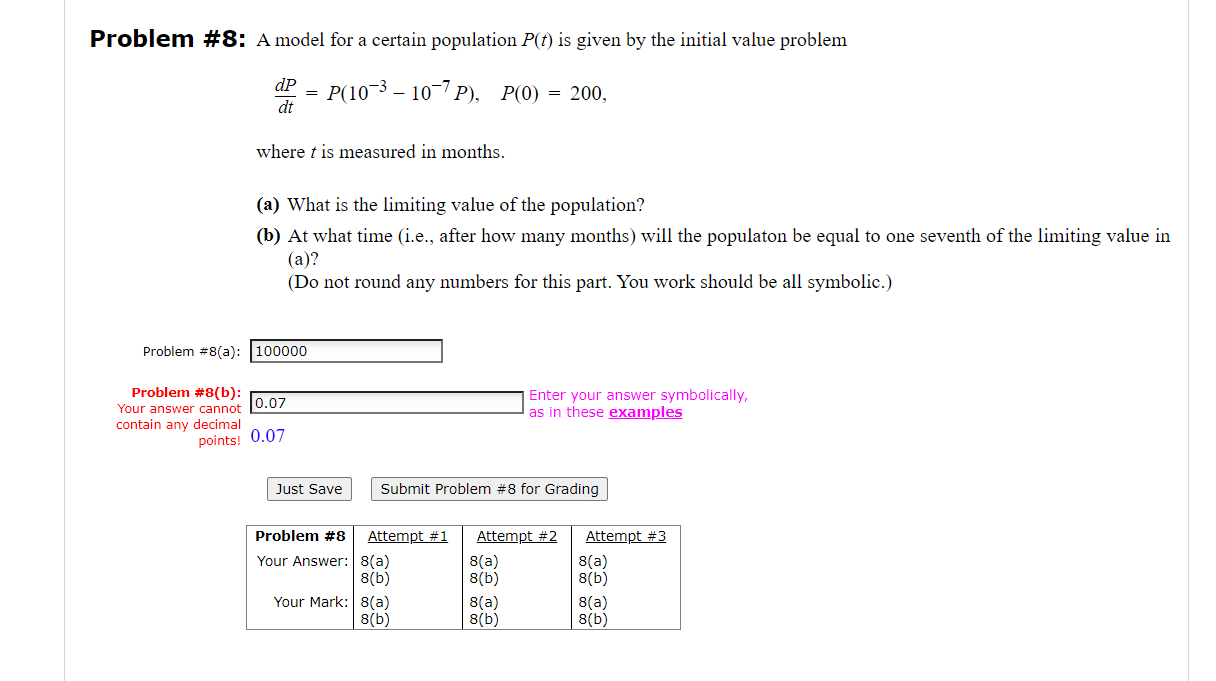 Solved Problem \# 8: A model for a certain population P(t) | Chegg.com