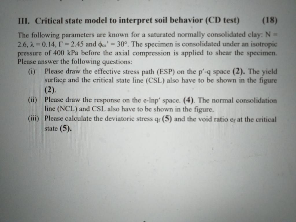 III. Critical state model to interpret soil behavior | Chegg.com