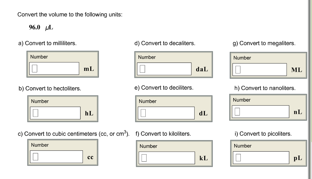 Solved Convert the volume to the following units 96.0 uL a) | Chegg.com