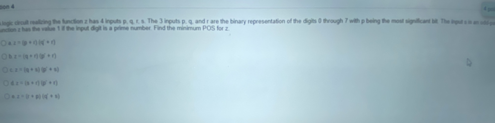 Solved A logic circuit realizing the function z has 4 inputs | Chegg.com