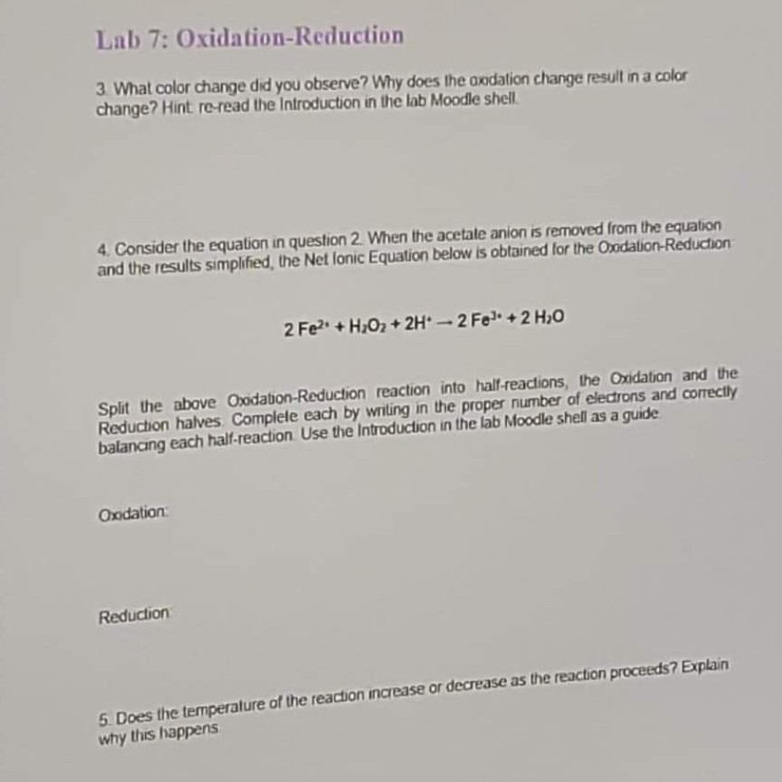 Solved Lab 7: Oxidation-Reduction What color change did you | Chegg.com