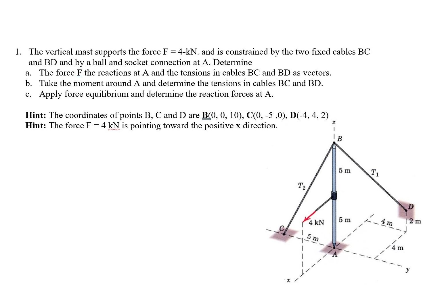 Solved 1. The vertical mast supports the force F = 4-kN. and | Chegg.com