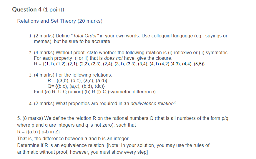 Solved Question 4 (1 point) Relations and Set Theory (20 | Chegg.com