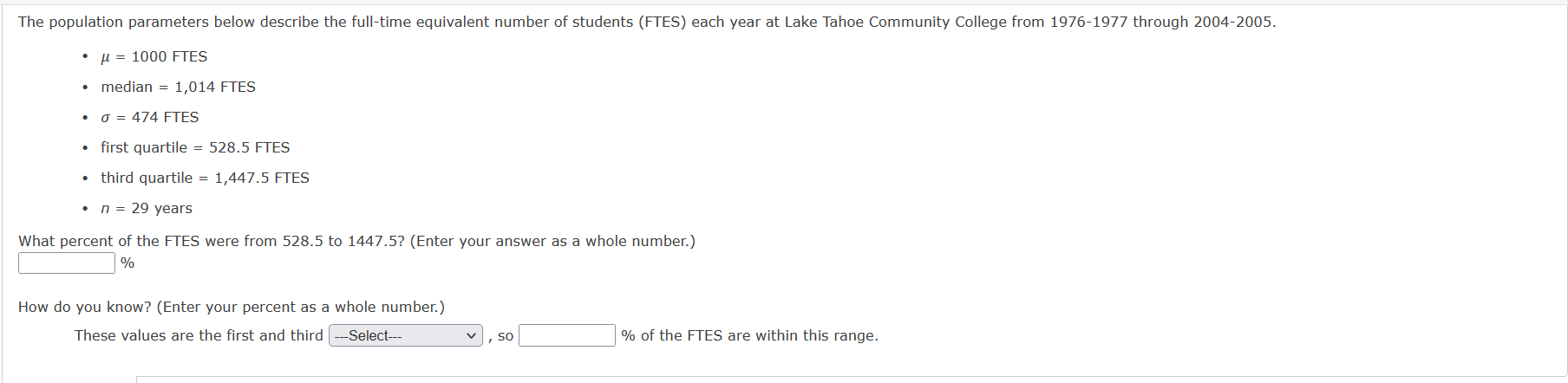 Solved - μ=1000 FTES - median =1,014 FTES - σ=474 FTES - | Chegg.com
