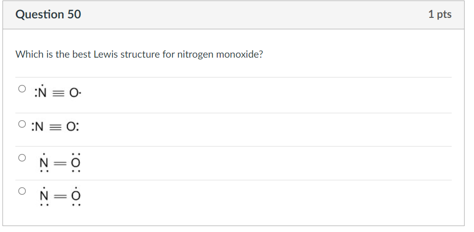 Solved Question 50 1 pts Which is the best Lewis structure | Chegg.com