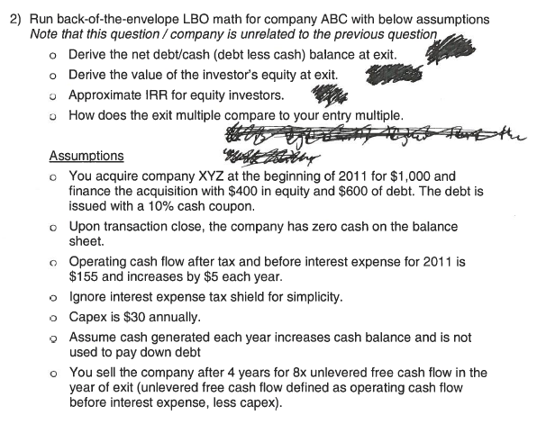 Solved Run back-of-the-envelope LBO math for company ABC | Chegg.com