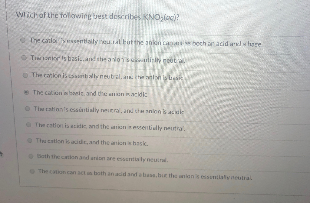 Solved Which of the following best describes KNO2(aq)? The | Chegg.com