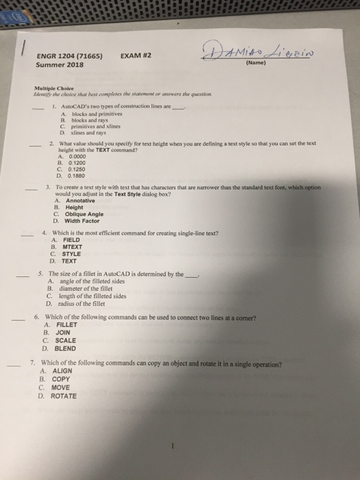 Solved EXAM #2 ENGR 1204 (71665) Summer 2018 Name) Multiple | Chegg.com