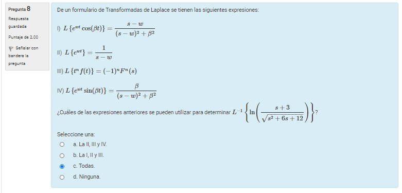 Solved Pregunta 8 De un formulario de Transformadas de | Chegg.com