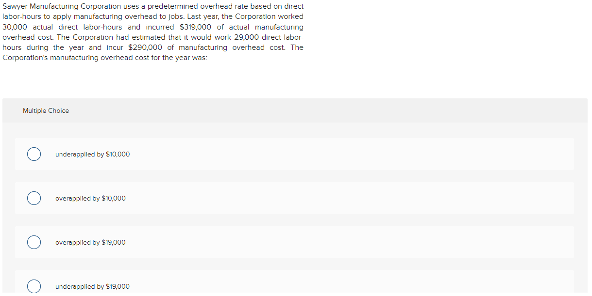 Solved Sawyer Manufacturing Corporation uses a predetermined | Chegg.com
