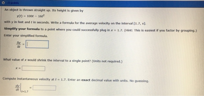 Solved an object is thrown straight up. it’s height is given | Chegg.com