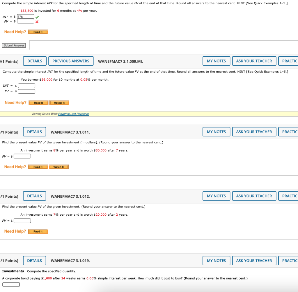 Solved Compute the simple interest INT for the specified | Chegg.com