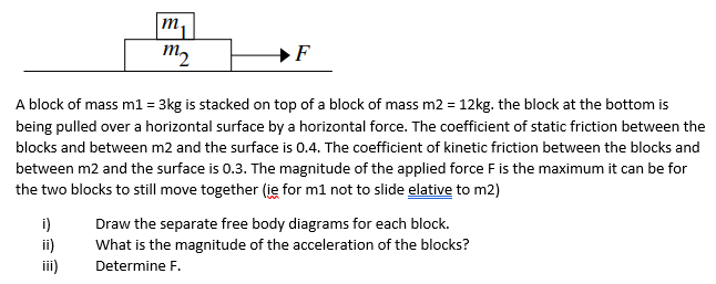 Solved mi m2 F A block of mass m1 = 3kg is stacked on top of | Chegg.com
