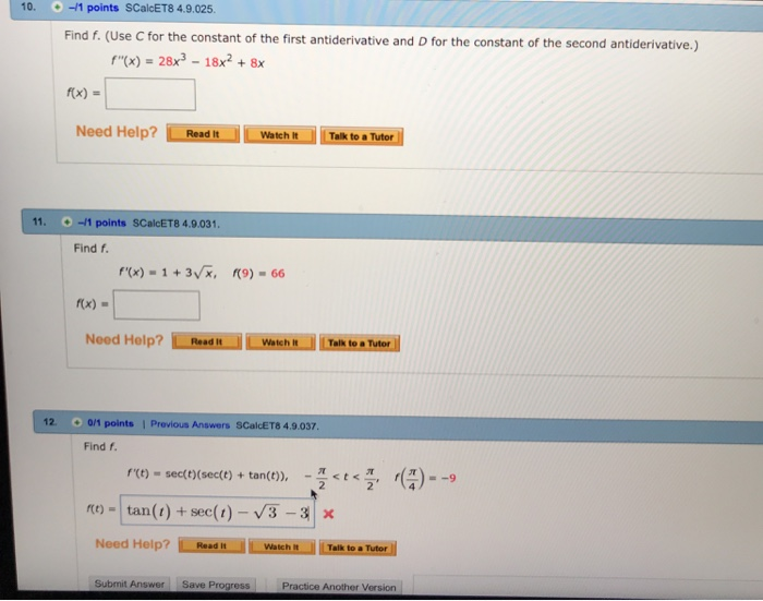 Solved 10. -/1 points scalcET8 4.9.025. Find f. (Use C for | Chegg.com