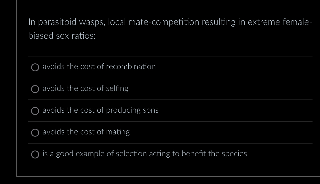 Solved In parasitoid wasps, local mate-competition resulting | Chegg.com