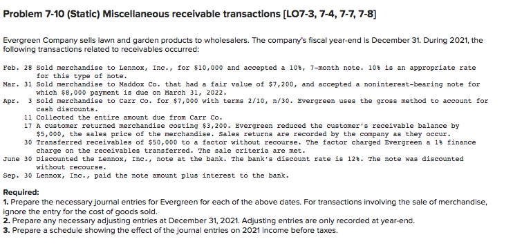 Solved Problem 7-10 (Static) Miscellaneous receivable | Chegg.com