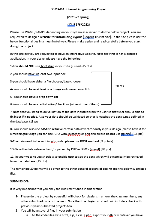 Solved COMP464 Internet Programming Project (2021-22 spring) | Chegg.com