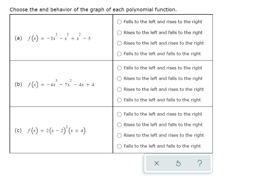 Solved Choose the end behavior of the graph of each | Chegg.com