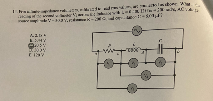 Solved 14. Five infinite-impedance voltmeters, calibrated to | Chegg.com