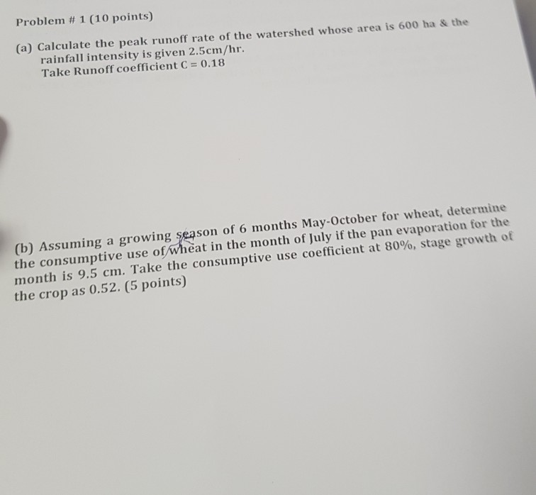 Solved Problem # 1 (10 points) (a) Calculate the peak runoff | Chegg.com