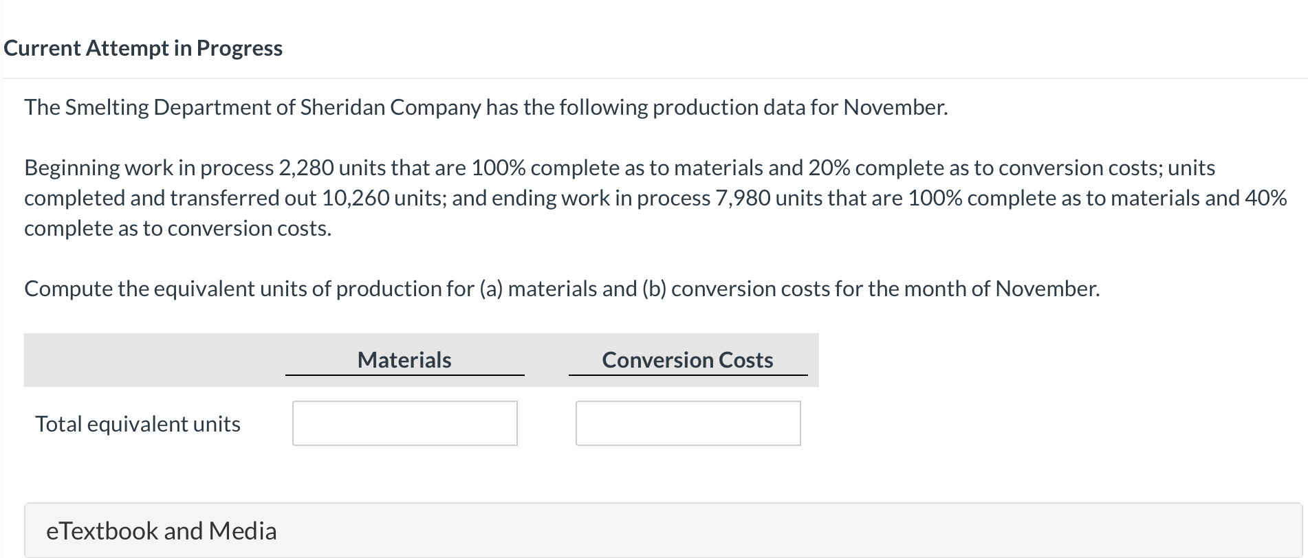 Solved The Smelting Department of Sheridan Company has the | Chegg.com
