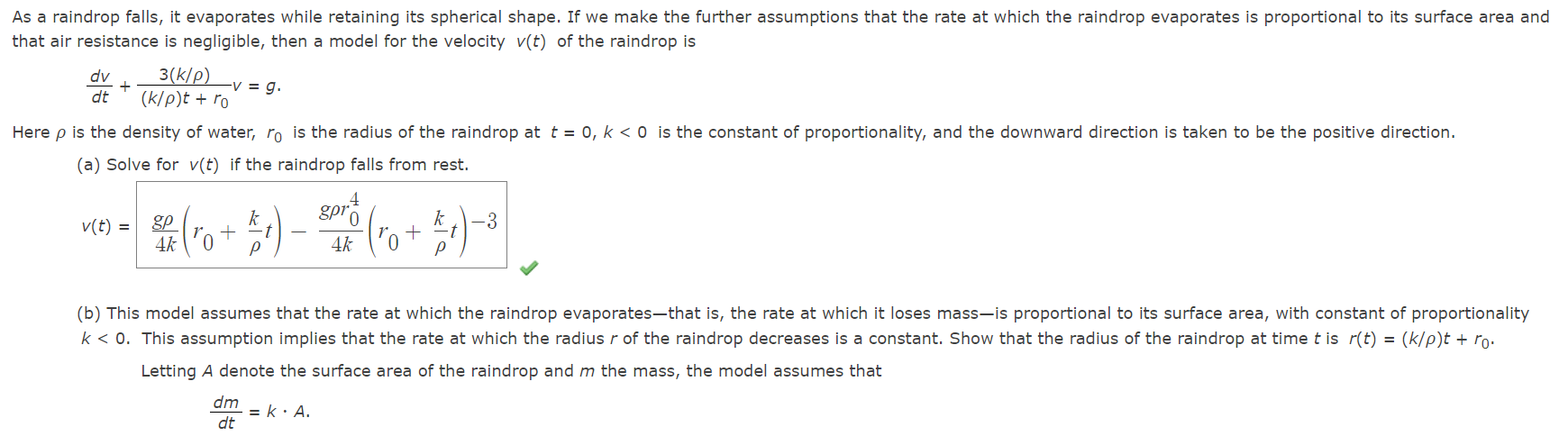 Solved As a raindrop falls, it evaporates while retaining | Chegg.com