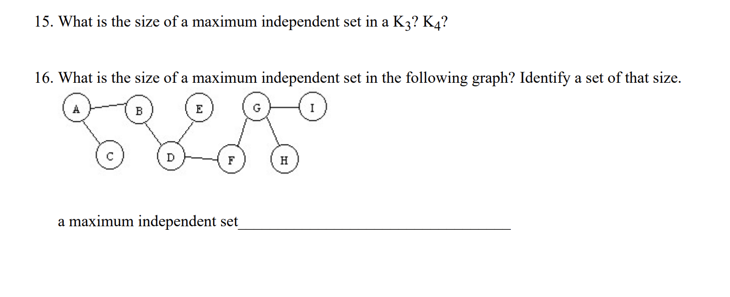 Solved 15. What is the size of a maximum independent set in | Chegg.com