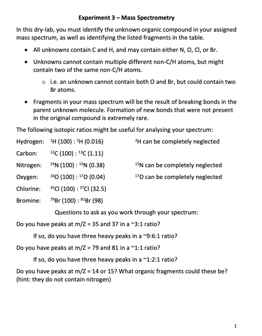 Solved Experiment 3 - Mass Spectrometry In this dry-lab, you | Chegg.com