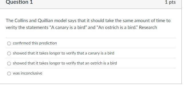Solved Question 1The Collins and Quillian model says that it | Chegg.com