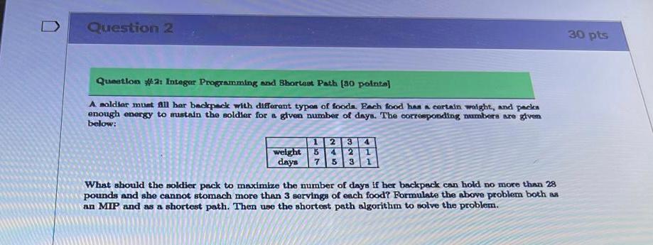 Question 2 30 pts Queetlon 2: Integer Programming and | Chegg.com Question 2 30 pts Queetlon 2: Integer Programming and | Chegg.com