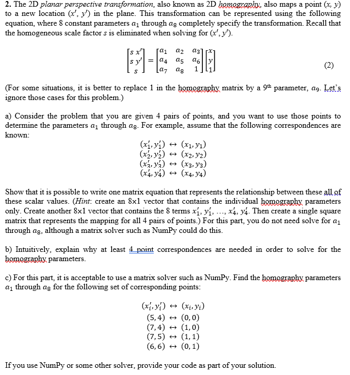 2. The 2D planar perspective transformation, also | Chegg.com