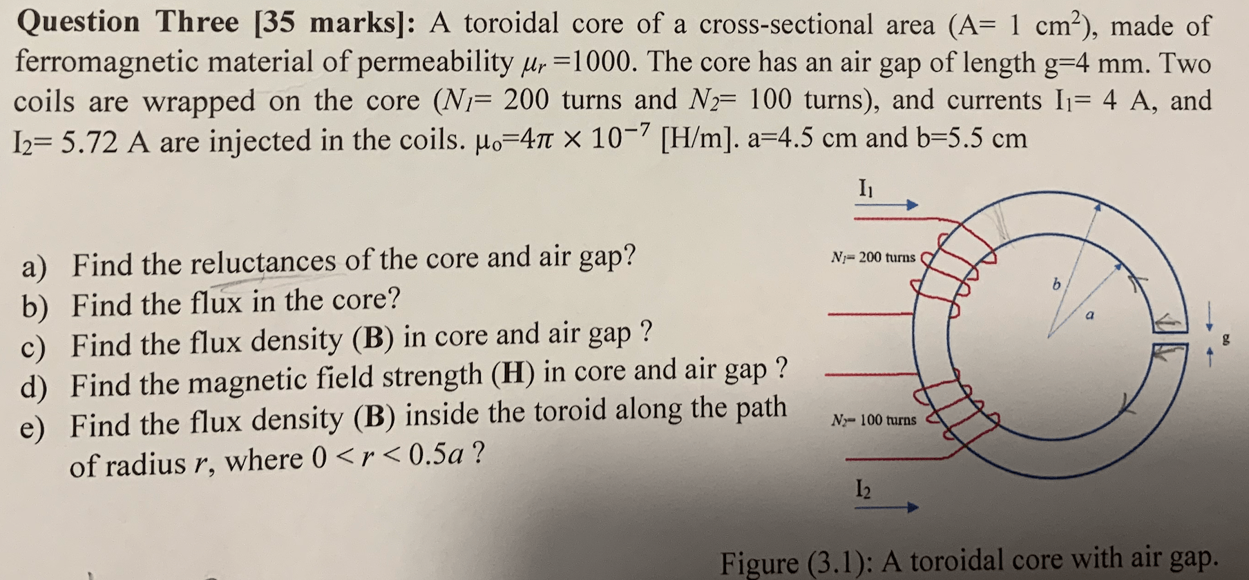 Solved Question Three [35 marks]: A toroidal core of a | Chegg.com
